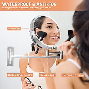 MIRRORMORE 8” Large Wall Mounted Makeup Mirror, Two-Sided 1X/10X Magnifying Mirror Extendable Long Arm, 360°Swivel Flexible HD Shower Mirror Fogless for Shaving, Fully Senior Nickel Bathroom Mirror