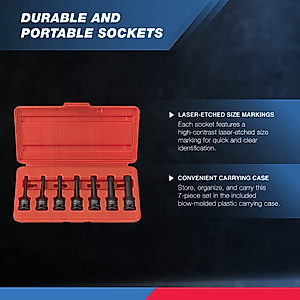 NEIKO 01130B 3/8" Drive Allen Socket Set, 7 Piece, 3 Inch, 3/8” Impact Hex Bit Socket Set, Metric Hex Driver 4 mm to 12 mm, Chrome-Moly Cr-Mo Impact Grade