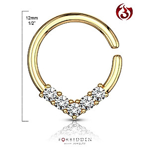 Forbidden Body Jewelry 16g 8mm CZ Lined V Shaped Bendable 14k Gold Plated Brass Cartilage & Septum Hoop
