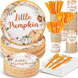 Dandat 350 Pcs Baby Shower Plates Set Baby Shower Party Supplies Serves 50 Tableware Sets Include Plates Napkin Cup Forks Knives Spoons Disposable Dinnerware for Boy Girl(little pumpkin)