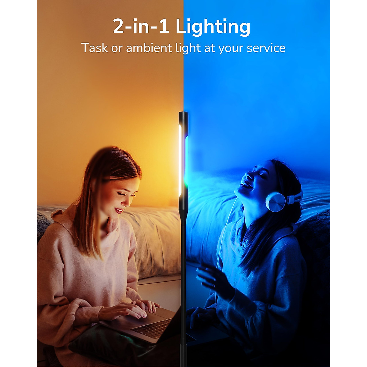 ULG 【Upgrade】 Double Side LED Floor Lamp, Tall 360° Adjustable Gooseneck Standing Reading Lamp for Bedroom, RGB & Dimmable Bright Task Light with 3000K-6500K Color Temps, Eyelash LED Floor Light