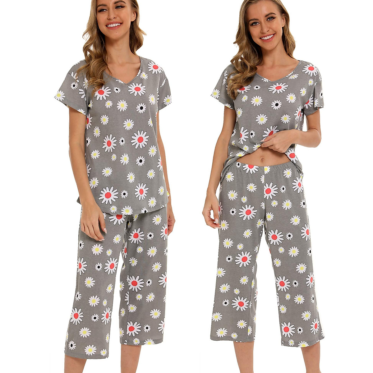 ENJOYNIGHT Women's Pajama Short Sleeve Sets Top with Capri Pants Sleepwear Sets Loungewear