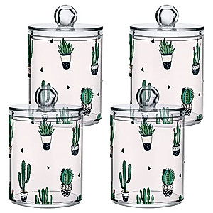 Fustylead 4 Pack Vintage Cactus Plastic Apothecary Jars with Lid, Bathroom Vanity Storage Organizer Canister for Qtip, Cotton Ball, Swab, Round Pads, Floss