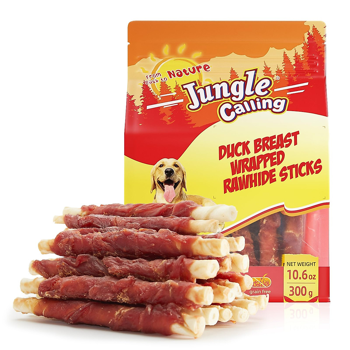 Jungle Calling Dog Treats, Duck Breast Wrapped Rawhide Sticks for Dogs, Grain-Free Natural Chewy Treats Picky Dogs, Puppy Chews Snacks,10.6 oz
