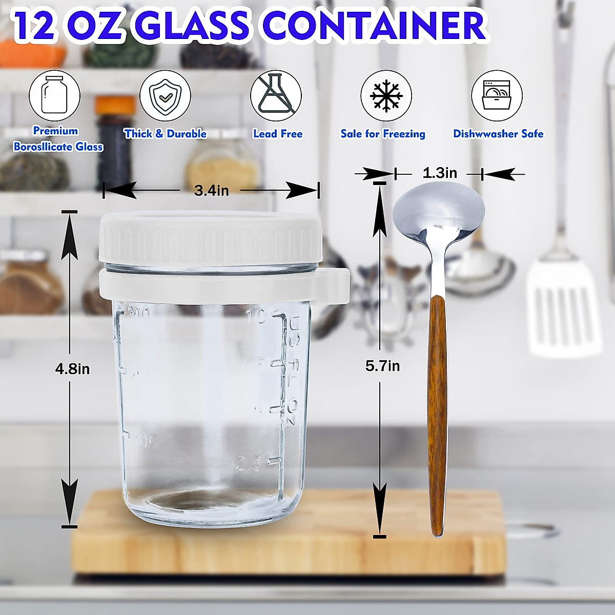Overnight Oats Containers with Lids and Spoons, 2 Pack Overnight Oats Jars 12 oz Reusable Large Capacity Airtight Oatmeal Container with Measurement Marks for Cereal Yogurt, Milk, Salads, Fruit(White)