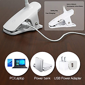 Clip-on Reading Light for Bed - Amber Book Read Light Rechargeable 5 Brightness Desk Light Clamp Lamp, Touch Control Dimmable Lamp with Flexible Neck, Gentle Night Light(White)