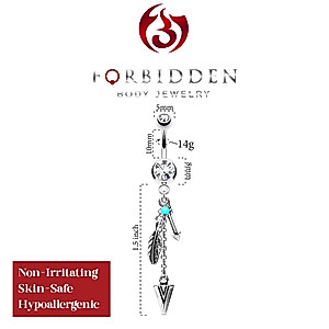 Forbidden Body Jewelry Surgical Steel Clear Crystal Tribal Feather and Arrow Charms Synthetic Turquoise Dangle Belly Ring