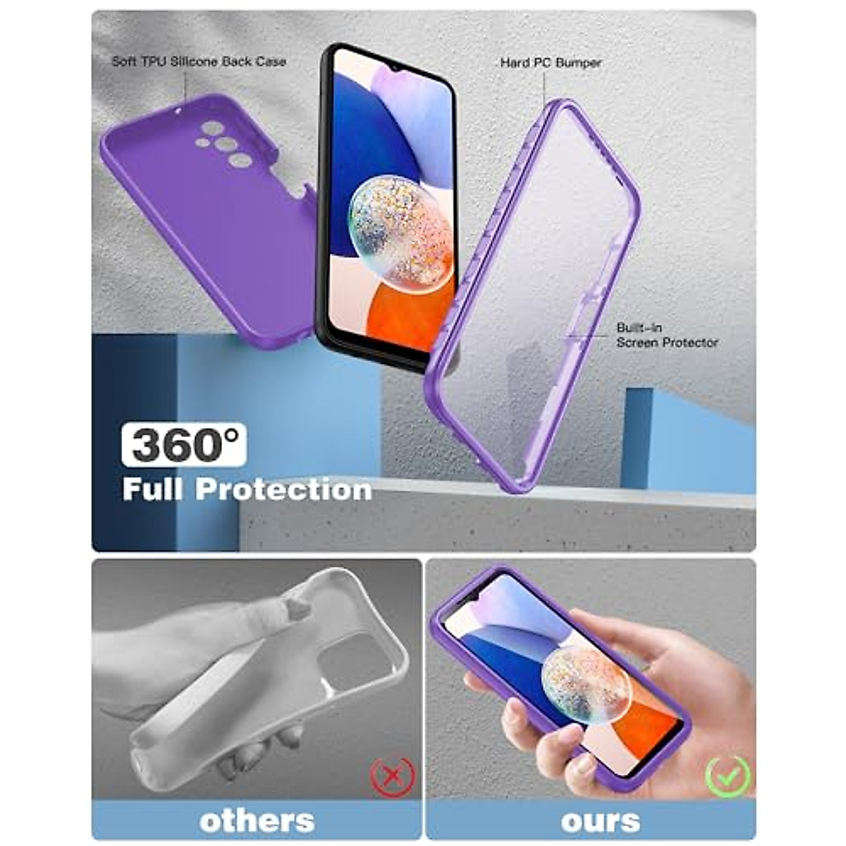 FNTCASE for Samsung Galaxy A14-5G Case: Shockproof Silicone Protective Phone Case with Built-in Screen Protector - Slim Dual Layer Rugged Sturdy Drop Proof TPU Protection Cover (Navy Purple)