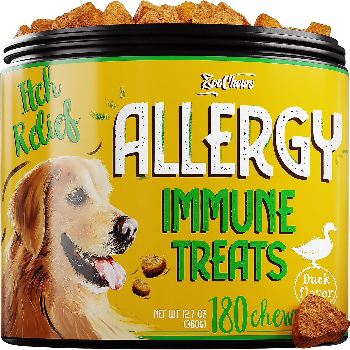 ZooChews Allergy Support Treats - Dog Allergy Relief Chews with Omega 3 Colostrum, Biotin - Supports Skin and Coat for Dogs and Seasonal Allergies - Dog Vitamins for Immune Support (Duck, 180 Chews)