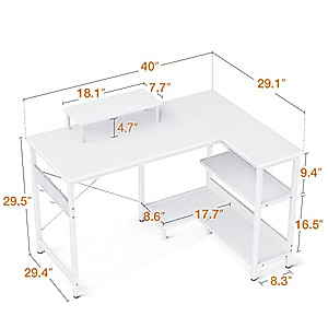 ODK L Shaped Computer Desk with Reversible Storage Shelves, 40 Inch Corner Desk with Monitor Stand for Small Space, Modern Simple Writing Study Table for Home Office Workstation, White