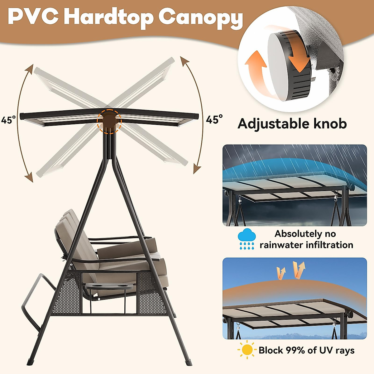 EBE Outdoor Porch Swing with Polycarbonate Hardtop, 3 Seat Patio Swing Chair with 2 Side Cup Holder, Convertible Backrest Swing Bed with Cushion, 2 Pillows for Front Porch Garden, Brown