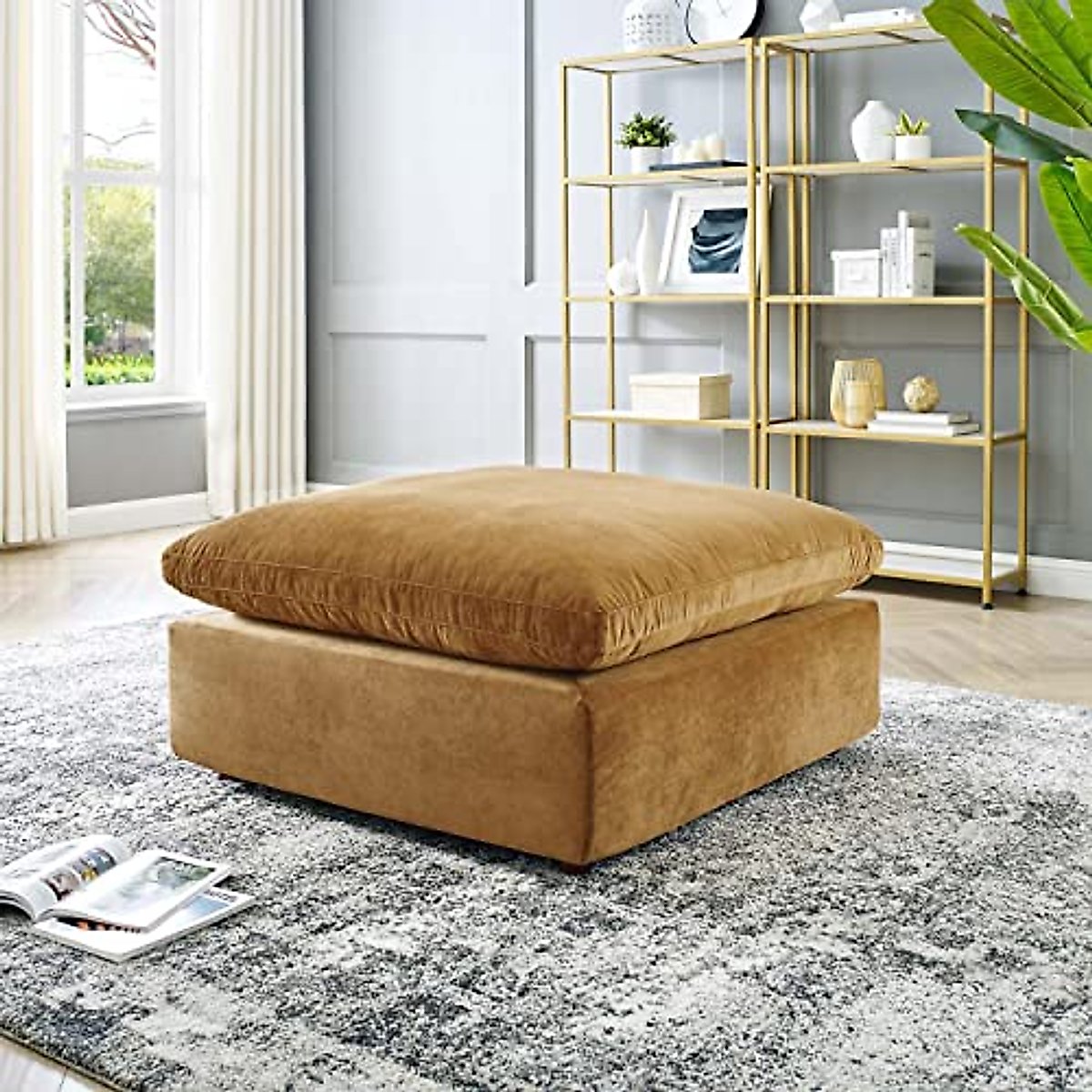 Modway Commix Down-Filled Overstuffed Performance Velvet Sectional Sofa Ottoman in Cognac