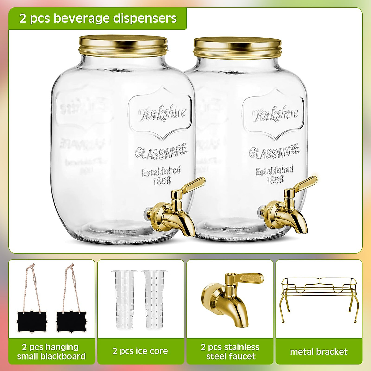 Lallisa 2 Pcs 2 Gallon Glass Drink Dispenser with Stand Ice Cylinder Hanging Chalkboard Signs 18/8 Stainless Steel Spigot Beverage Dispensers for Parties Mason Jar Drink Lemonade (Gold)