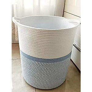 M Size Blue White Laundry Basket with Handles Toy Basket Clothes Hamper Home Decor Basket Towel Storage Woven Blanket Basket Cotton Rope Decorative Blanket Basket,Environmental Protection Material