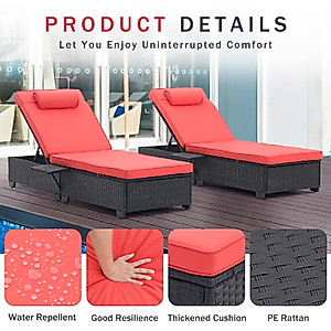 Chaise Lounge Chairs for Outside, 5-Speed Adjustable Patio PE Rattan Lounge Chairs with Cup Holder and Cushions, Outdoor Reclining Chair Set of 2 for Poolside Beach Yard (Orange Red)