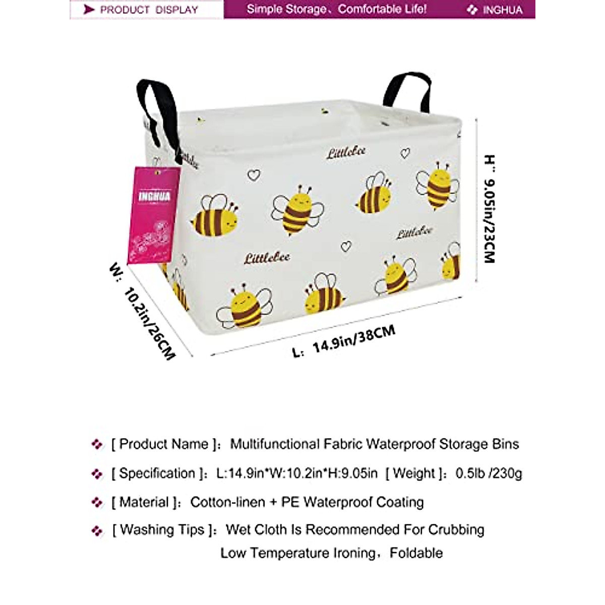 INGHUA Rectangular Storage Basket Fabric Organizer Bin for Toys,Books,Clothes,Gifts,Pets-Perfect for Home,Office,Nursery,Dorm,Shelf(Rec-Bee)