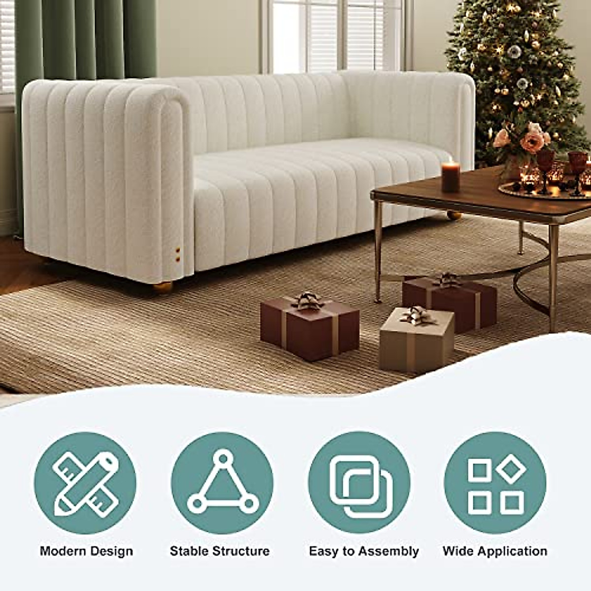 RUNOLIG Velvet Couch, Upholstered Chesterfield Sofa with Unique Level Arms and Golden Ball Legs, Comfy Couch with Vertical Stripe Style and Wooden Frame, Couches for Living Room, Apartment (White)
