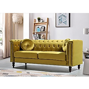 US Pride Furniture Modern Style High Density Foam 75.98'' Wide Golden Velvet Rolled Arm Chesterfield Living Room Removable Cushion & Solid Wood Legs (S5608-5613) Sofas, Strong Yellow