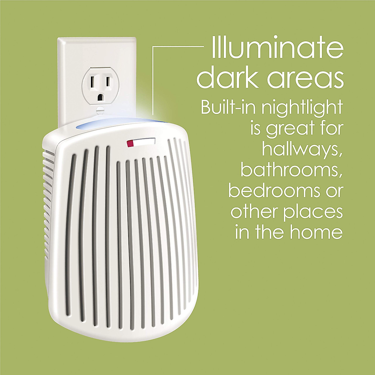 Hamilton Beach TrueAir Plug-Mount Air Freshener Odor Eliminator for Common Household-Tobacco, Pet, Bathroom & Trash, On/Off Fan, with Nightlight and Carbon Filter + Green Meadow Cartridge, White