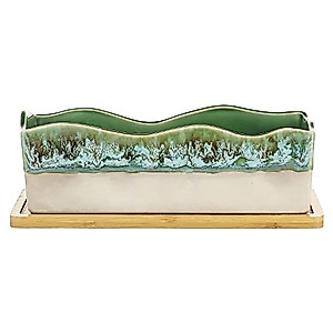 MyGift Rectangular Succulent Planter - Decorative Beige and Green Ceramic Glazed Plant Container Pot with Removable Bamboo Tray