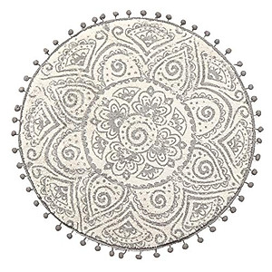 HAOCOO Bohemian Round Rug 2ft, Non-Slip Circle Rug with Pom Poms Fringe Gray Small Rug,Soft Velvet Washable Bathroom Rugs Mandala Floor Mat Carpet for Sink Bedroom Nursery Decor