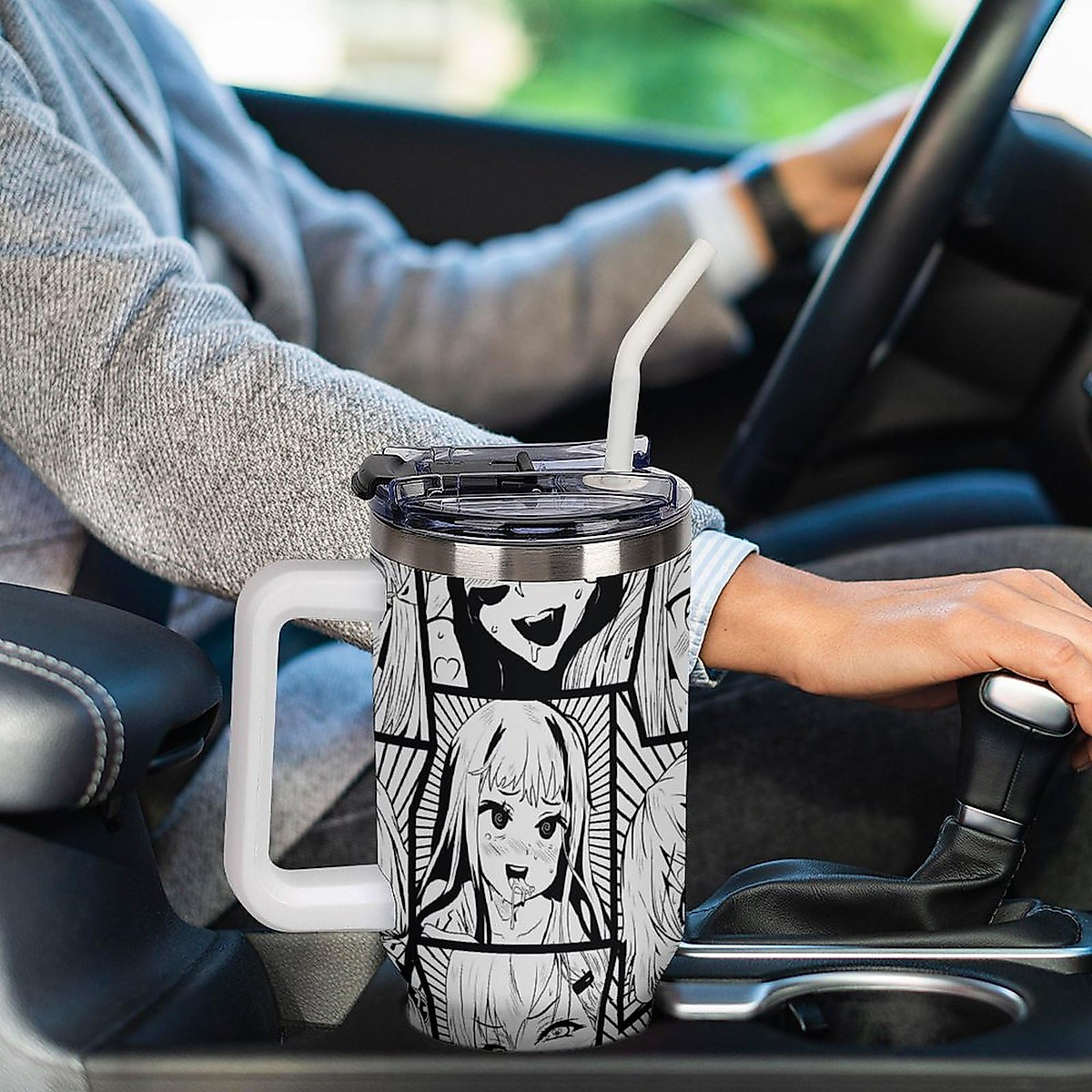 Niapessel Leak Proof Tumbler, Insulated Water Bottles with Straw, Anime Girl Face Emotion Insulated Cup with Handle 40 Oz Stainless Steel Flask for School, Travel, Car, Sports, Work