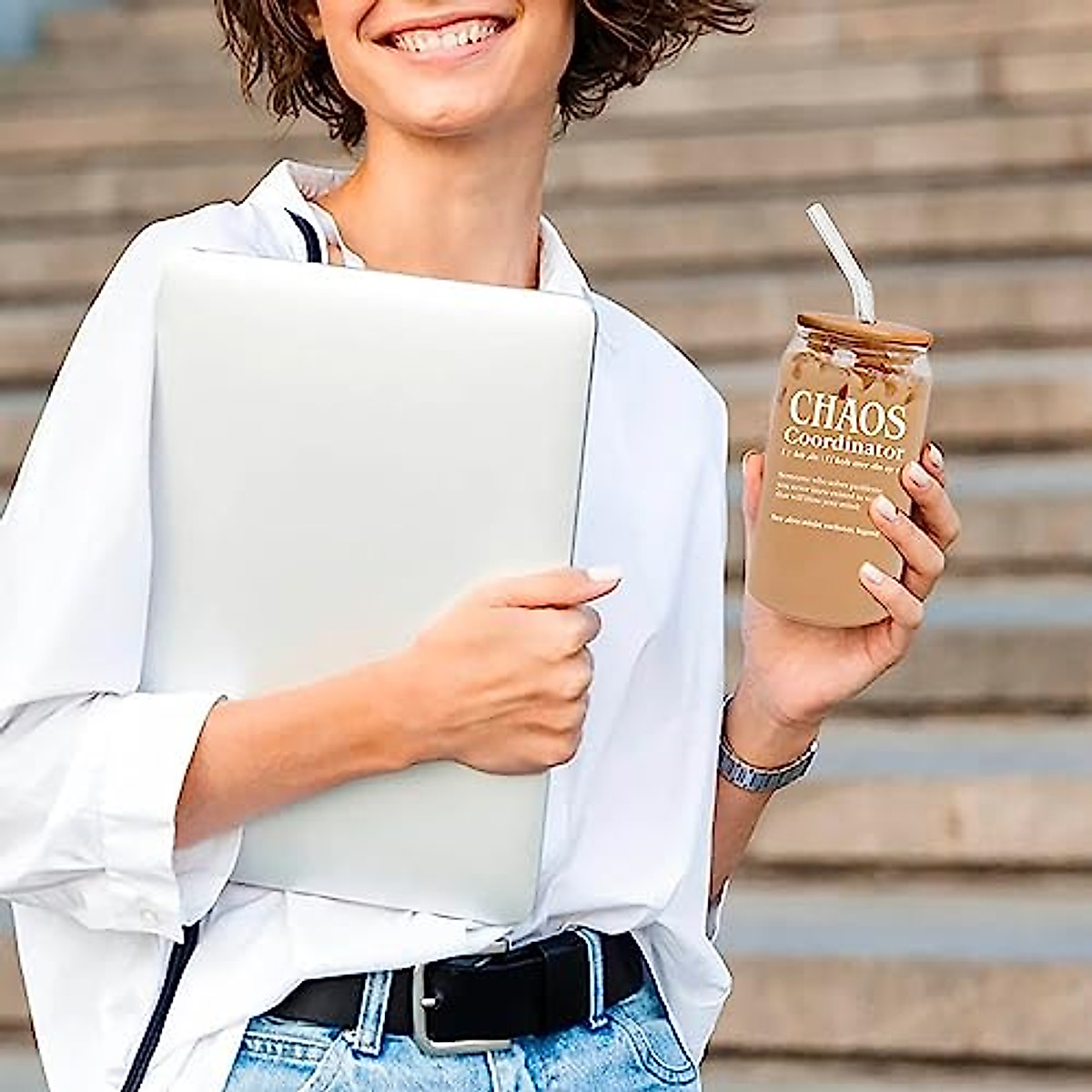 Chaos Coordinator Gifts - 16 oz iced coffee glass cup with bamboo lid and straw - Thank You Gifts for Coworker, Boss Lady Gifts for Women, Birthday Gifts for Manager, office, Teacher, Mom, Her, Nurse