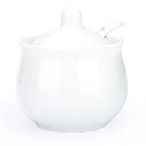 Swetwiny Porcelain Sugar Bowl with Lid and Spoon, Ceramic Salt Storage Jar, White Seasoning Container for Home and Kitchen, 7 Ounces (White)