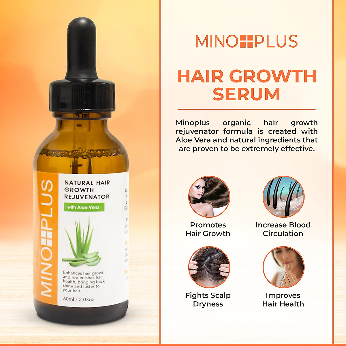 Mino Plus Natural Hair Growth Serum - 60ml / 2fl oz – For Longer, Stronger Thicker, Fuller Hair - Formulated to Prevent Hair Loss, Hair Fall, with Aloe Vera