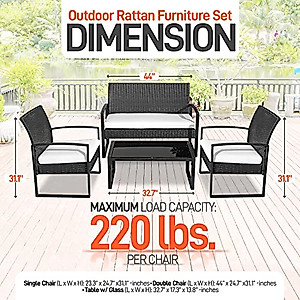 SereneLife 4 Piece Conversation/Chat Set, Outdoor Living Rattan Furniture, includes 1 Double & 2 Single Chairs with Cushion & 1 Glass-top Coffee Table, Black