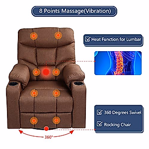 Esright Coffee Fabric Massage Recliner Chair 360 Degrees Swivel Heated Ergonomic Lounge Chair