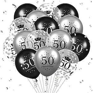 50th Birthday Balloons Black Silver Party Decorations 15pcs 12 inch Latex and Confetti Balloon Printed with Happy Birthday 50th for Women Men 50th Anniversary Happy Birthday Party Decor Supplies
