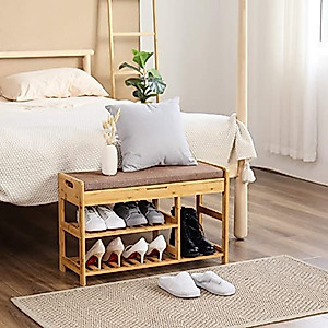 C&AHOME Shoe Bench Bamboo, 3-Tier Shoe Organizer with Cushion, Shoe Rack Bench for Entryway, Max Load 270 LBS, Removable Seat Cushion Bench, Ideal for Entryway, Hallway, Living Room, Bedroom, Natural