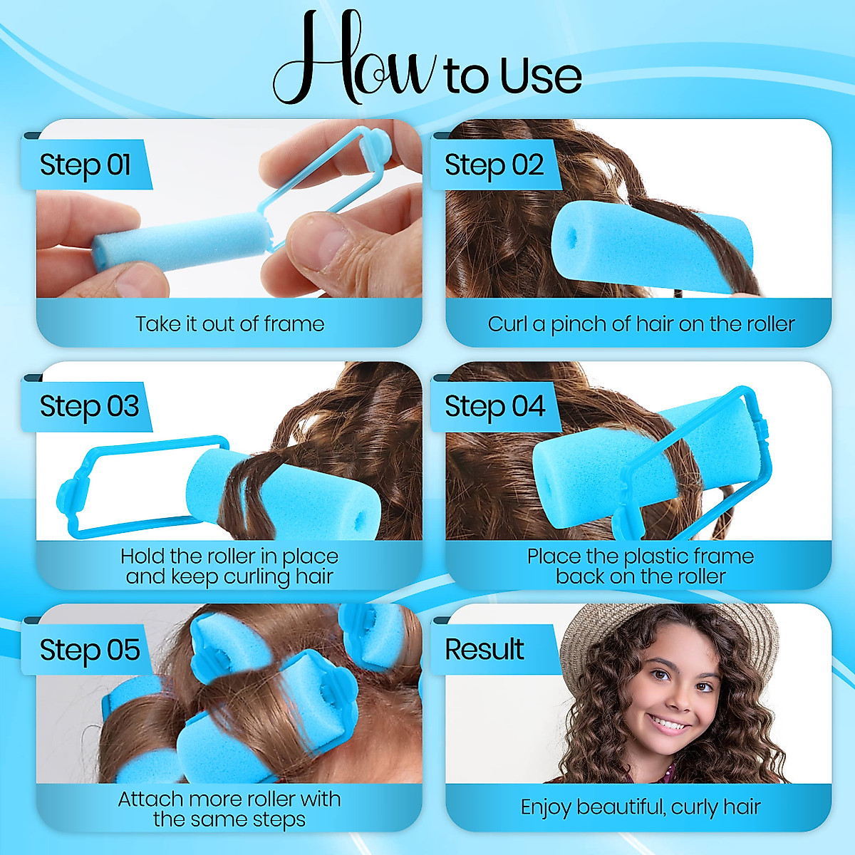 Foam Hair Roller Set, Heatless Hair Curlers to Sleep In, Self-Fastening, Soft Wave Curlers for Short and Medium Hair, Blue, 1.5CM 12 Pieces – By Rampro