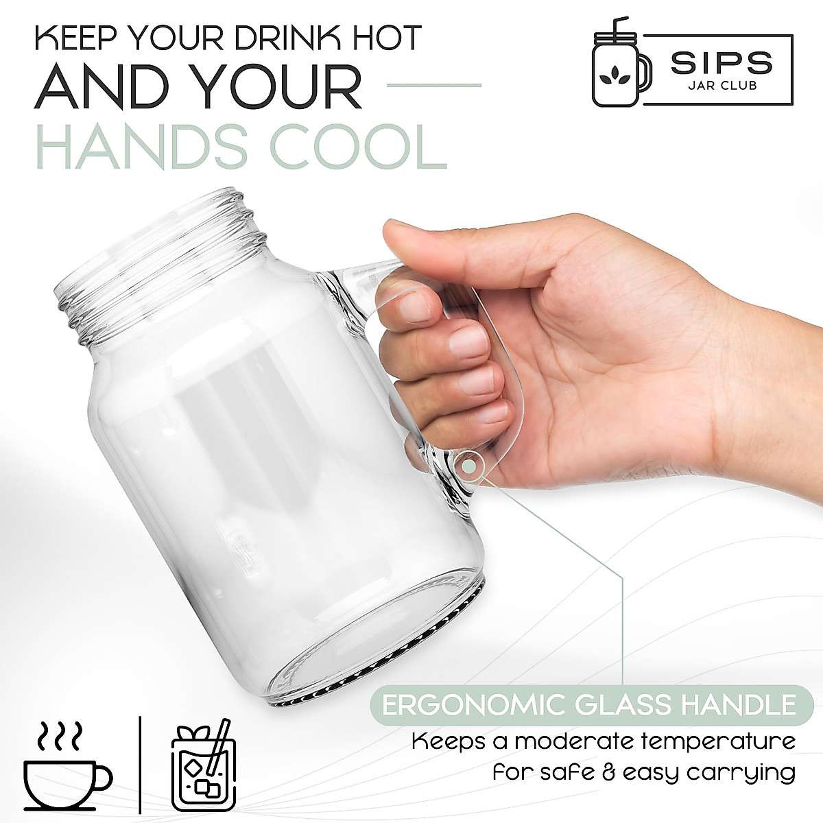 Sips Jar Club 20oz Mason Jar Mug Set of 4 with Handles, Lids, Straws & Cleaning Brush - Overnight Oats & Iced Coffee Cups