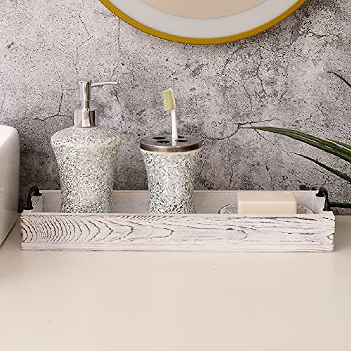 Rustic Wooden Serving Trays Rectangular Wood Serving Tray with Handle,Ottoman Tray for Living Room 16 Inch Long Narrow Tray for Serving Wine(whitewashed)