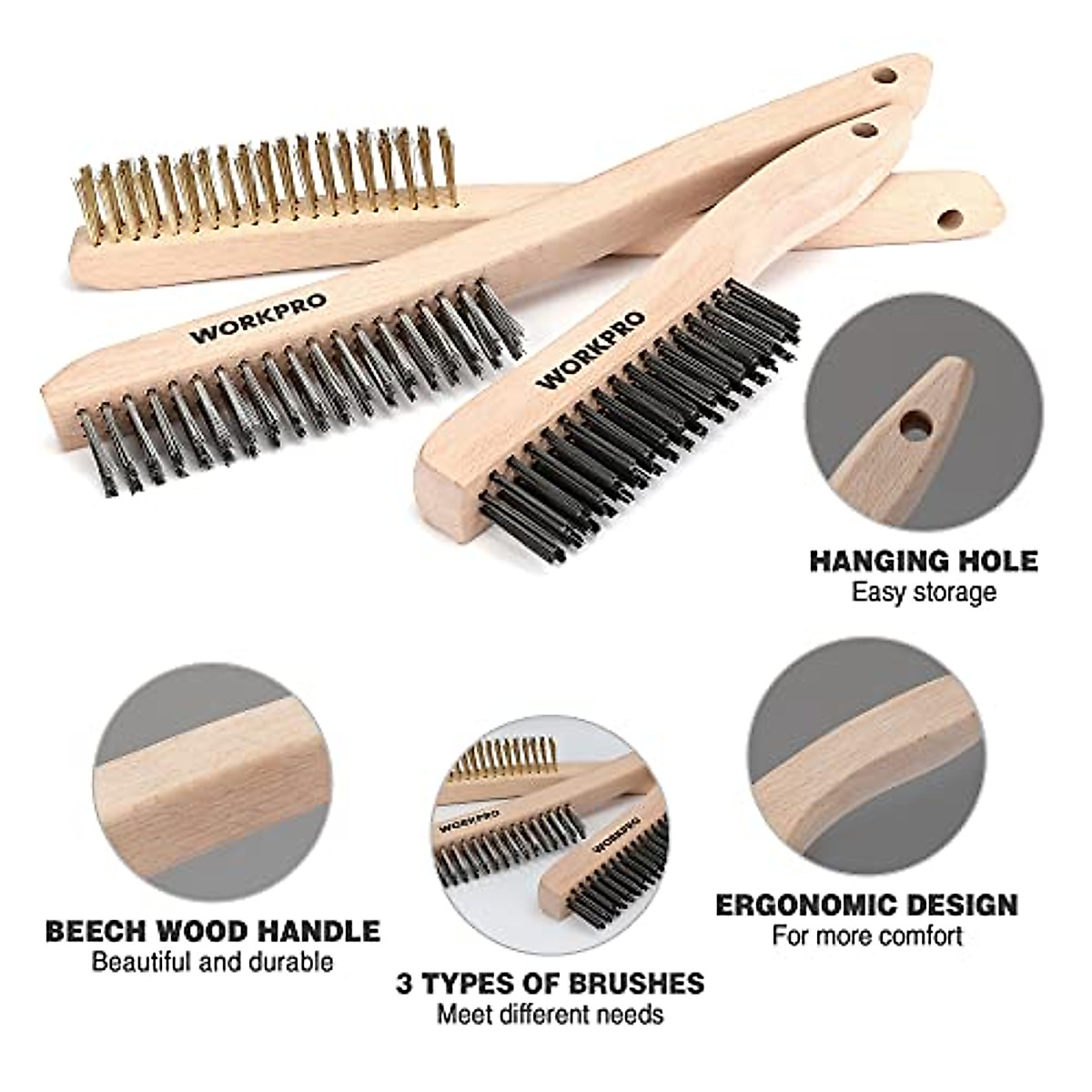 WORKPRO Wire Brush Set, 4Pcs Brass/Stainless/Carbon Steel Bristles Wire Scratch Brushes with Long Curved Beechwood Handle for Rust, Dirt & Paint Scrubbing with Deep Cleaning