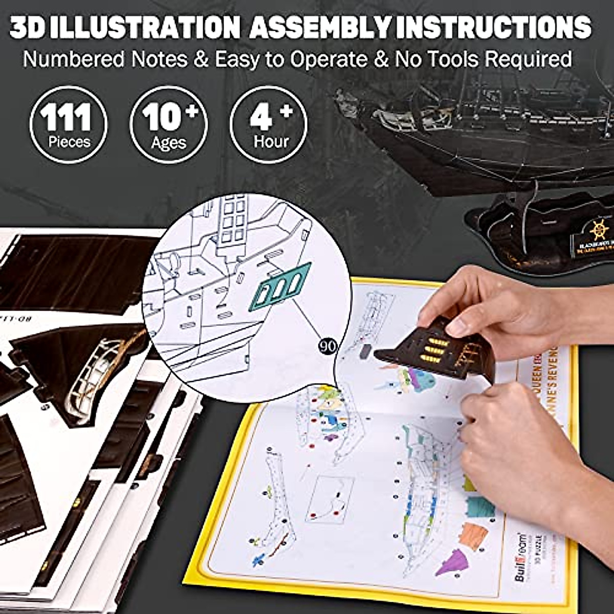 Fanbusa 3D LED Puzzle Ship Model Kits for Adults Kids to Build, Ship Building Kits Desk Decoration Sailboat, Large Model Pirate Ship Kits Watercraft Family Puzzle for Men Women Gifts