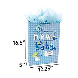 Golden J Store 16.5" Extra Large Baby Gift Bags with Tissue Papers for Baby Showers 2-Pack (Blue)