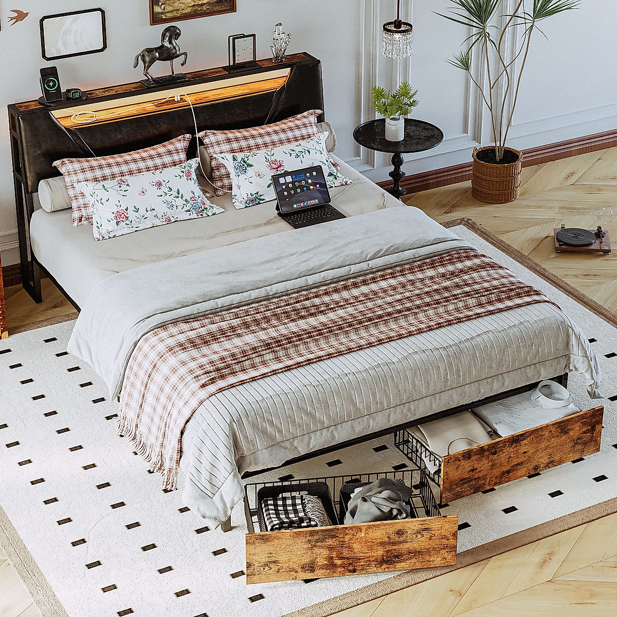 IRONCK Queen Bed Frame with Drawers, Ergonomic Storage Headboard with Charging Station, LED Light, Solid and Stable, No Box Spring Needed