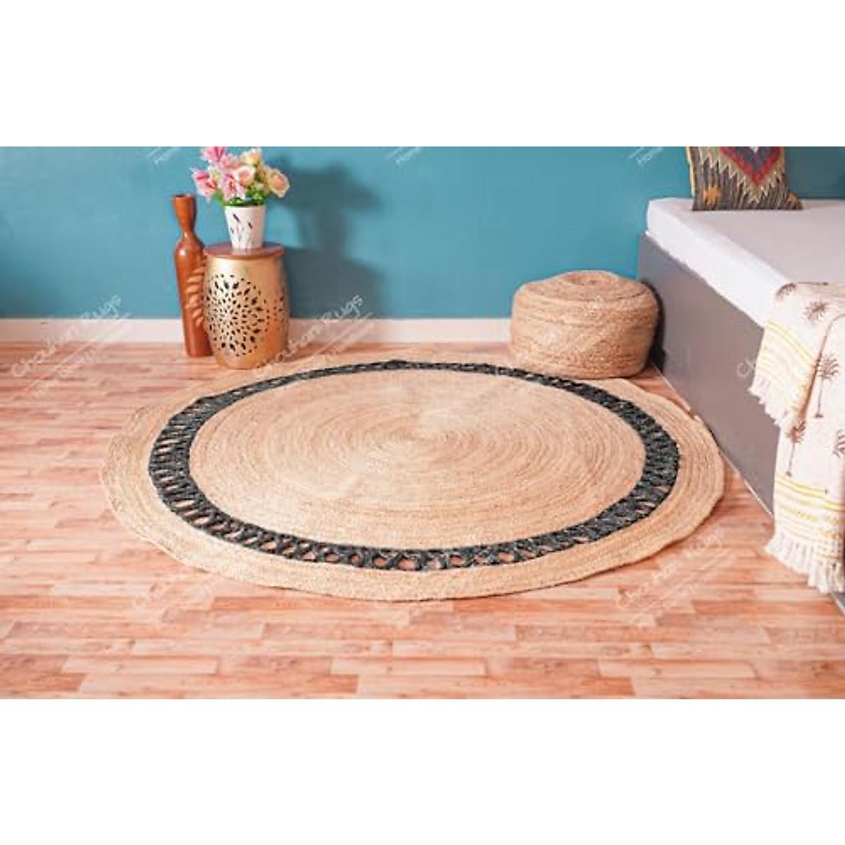 4x4, 5x5, 6x6,feet Natural Jute Net Design Round Rug, Floor Jute Net Designed Edge Rug Braided Boho Eco Large Circular Handmade Area Rugs (CCRD_ZQ)
