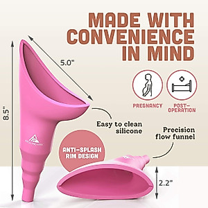 Pitch and Trek Female Urination Device, Silicone Standing Pee Funnel w/Discreet Carry Bag, for Travel, Road Trip, Festival, Camping & Hiking Gear Essentials for Women, Pink