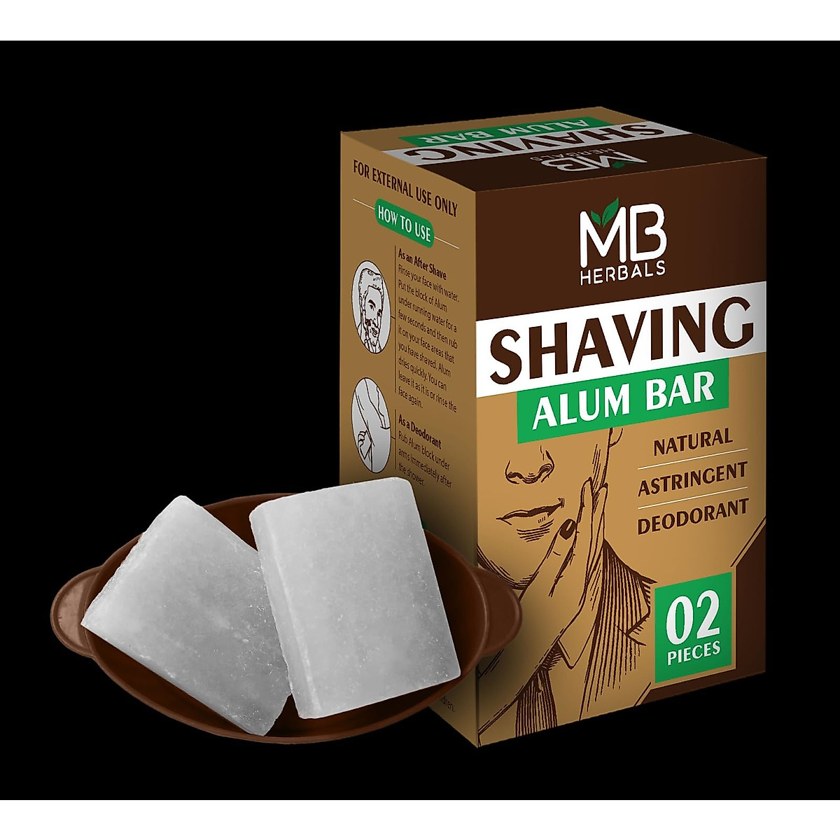 MB Herbals Shaving Alum Block 3.5 oz x 2 Pcs | Pack of 2 Alum Blocks 100G Each | Potassium Shaving Alum Block Bar 3.5 oz x 2 | No Fragrance | Stops Bleeding Minor Nicks Cuts After Shave