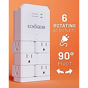 ECHOGEAR On-Wall Surge Protector with 6 Pivoting AC Outlets & 1080 Joules of Surge Protection - Low Profile Design Installs Over Existing Outlets to Protect Your Gear (White)