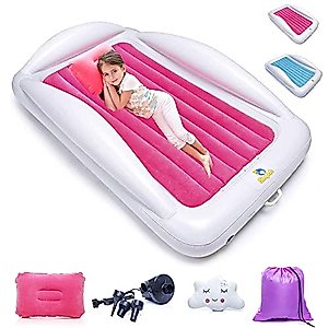 Sleepah Inflatable Toddler Travel Bed – Inflatable & Portable Bed Air Mattress Set –Blow up Mattress for Kids with High Safety Bed Rails. Set Includes Pump, Case, Pillow & Plush (Coral)