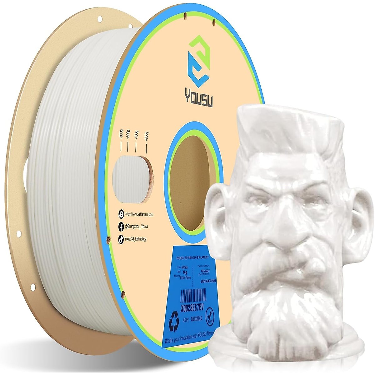 YOUSU White PVB Filament 1.75 mm for 3D Printer & 3D Pen 1 kg (2.2 lbs), Print As Easy as PLA Filament, can be Polished with Alcohol to get Smooth Surface.