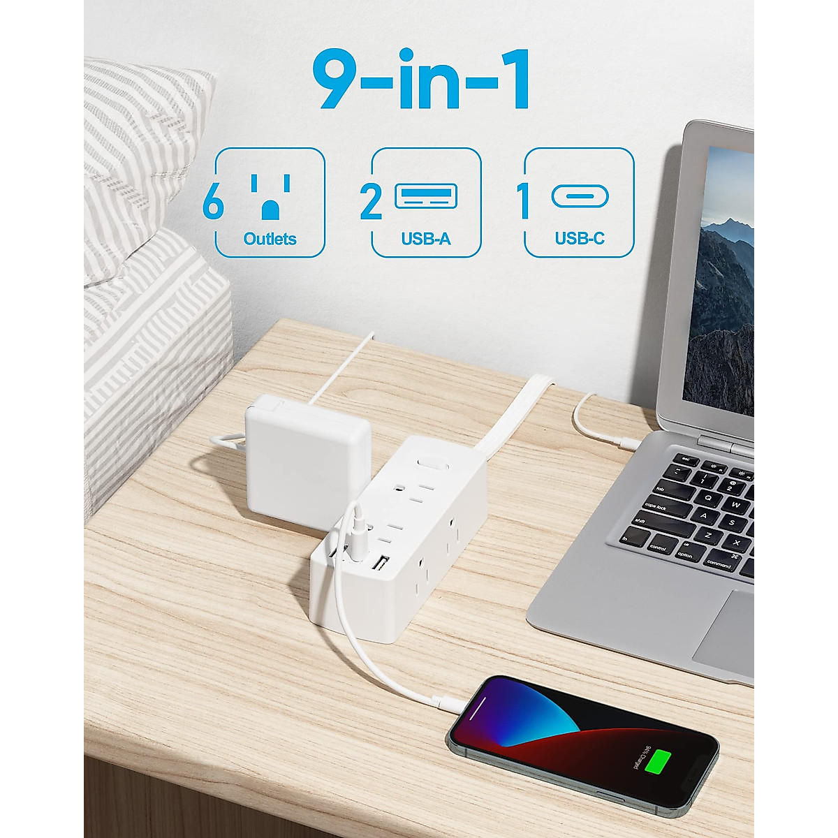 Flat Plug Power Strip, Olcorife Flat Extension Cord 5ft, 6 Outlets 3 USB Ports(1 USB C), 3-Side Outlet Extender Surge Protector for Home Office Travel Dorm Room Essentials, White