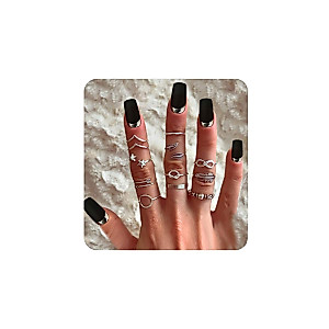 YOOESTORES82 12-20 Pcs Boho Silver Knuckle Ring Set Star Moon Wave Feather Stackable Rings Vintage Turquoise Multiple Midi Finger Ring Sets for Women (A)