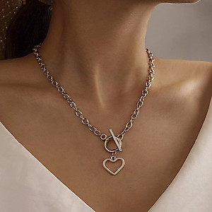 Avanlin Heart Pendant Choker Necklace Silver Stainless Steel Toggle Necklaces Cable Chain for Women Girls