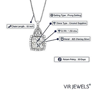Vir Jewels 1.50 cttw Pendant Necklace, Cushion Cut Created White Sapphire Pendant Necklace for Women in .925 Sterling Silver with Rhodium, 18 Inch Chain, Prong Setting
